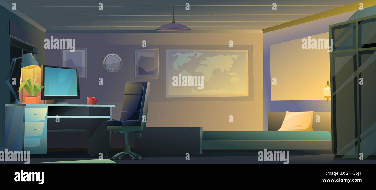 Room interior with bed and computer table. Cozy room with furniture ...