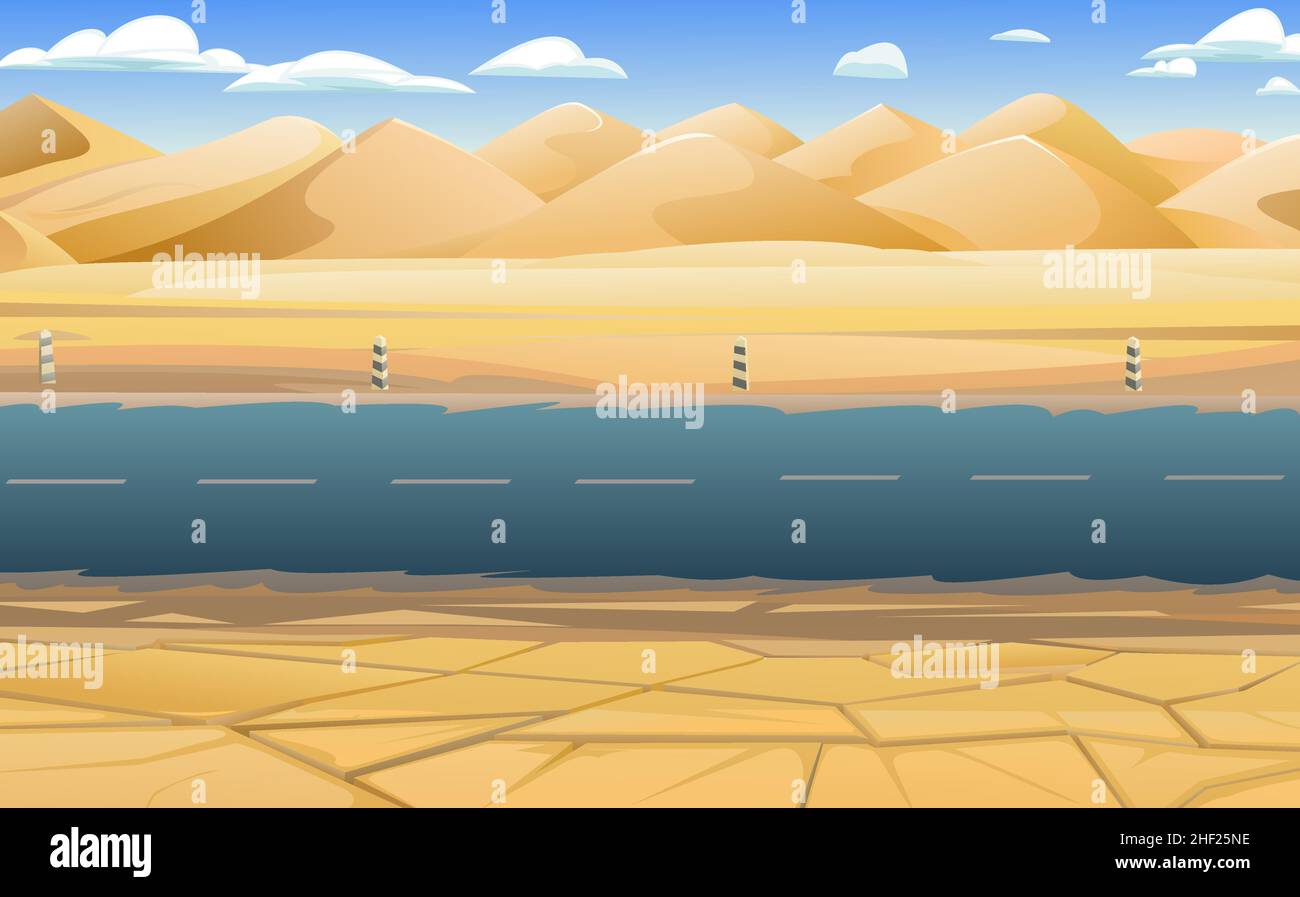 Desert road. Large dunes and hills. Landscape of southern countryside ...