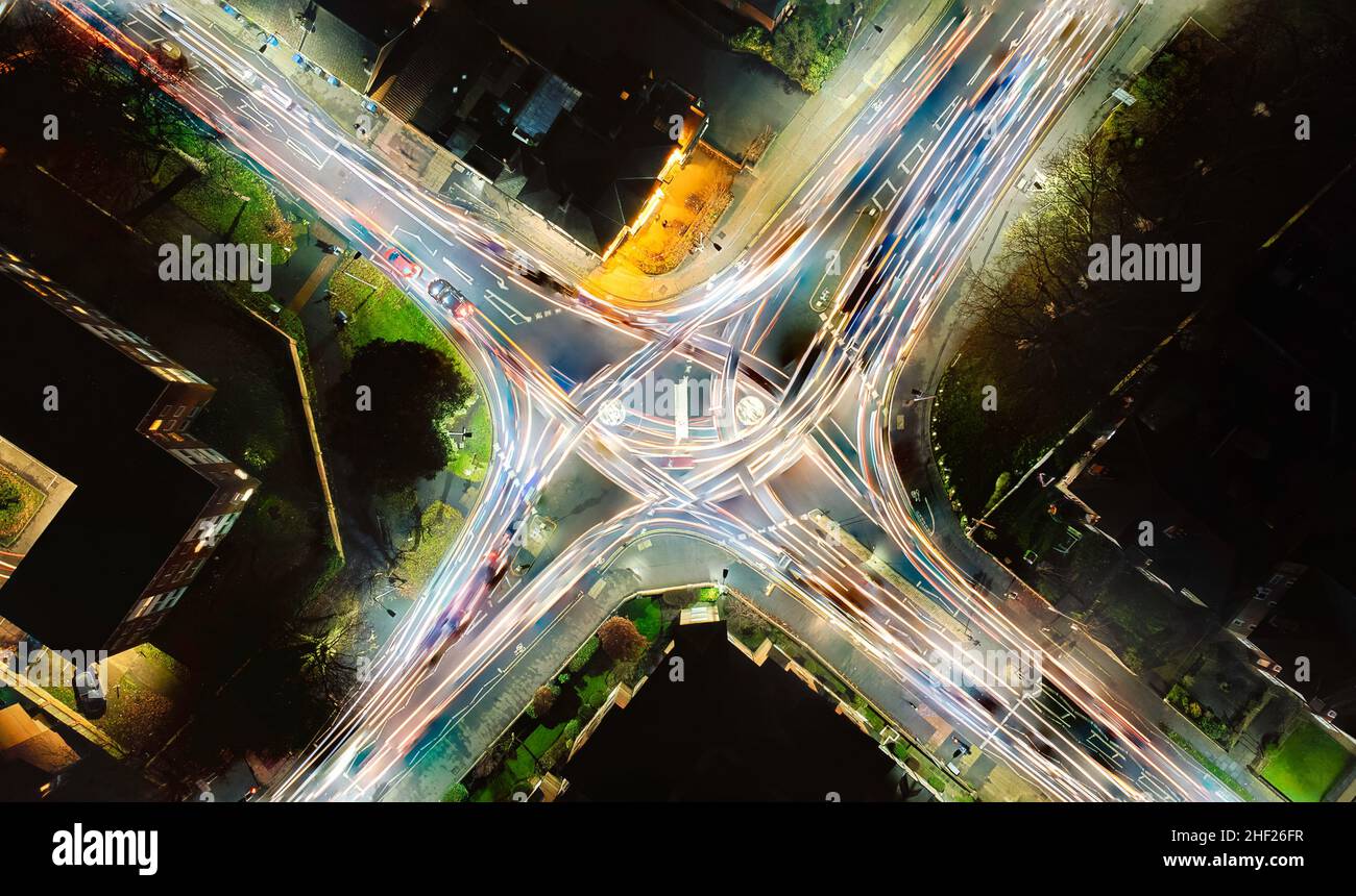 Looking down at the light trails on a roundabout in Ipswich, Suffolk ...