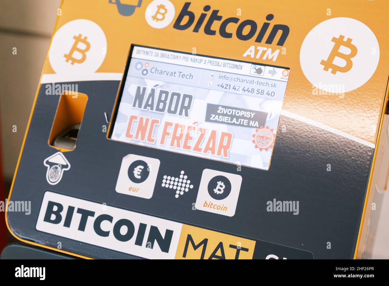 Bitcoin crypto currency ATM in the shopping mall, January 2022, Poprad ...