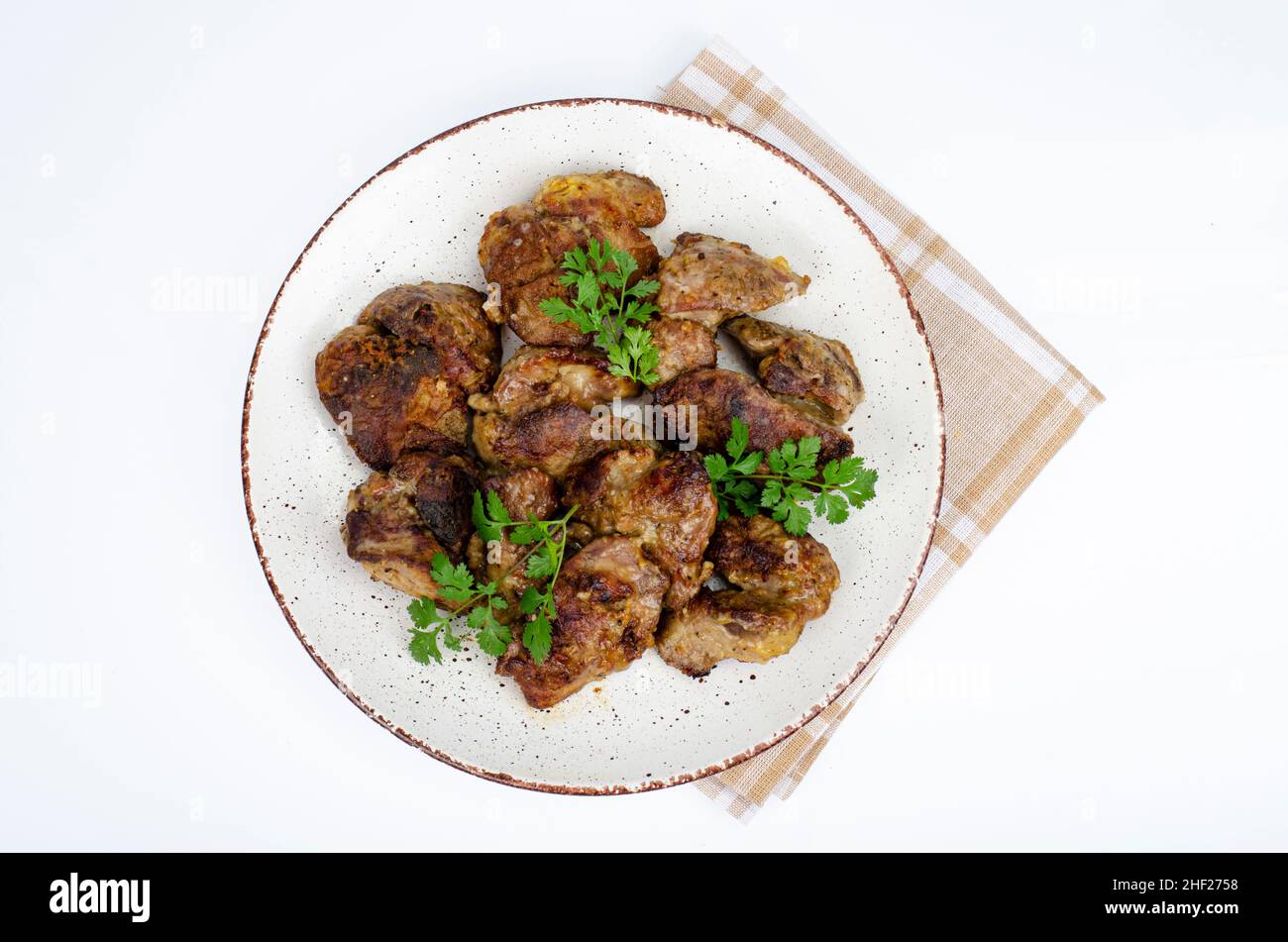 Cooked chicken liver on plate. Liver dishes. Photo Stock Photo - Alamy