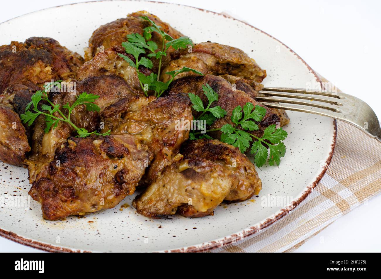 Cooked chicken liver on plate. Liver dishes. Photo Stock Photo - Alamy
