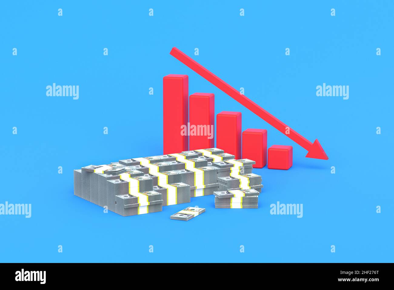 Columns graph with red down arrow near heap of lot of money. Business ...