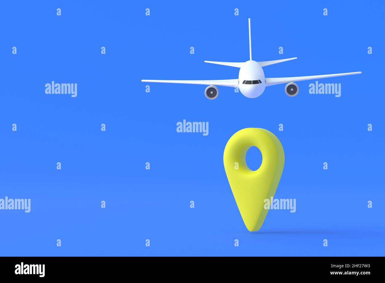 Airplane near yellow mark of gps, geolocation on blue background ...