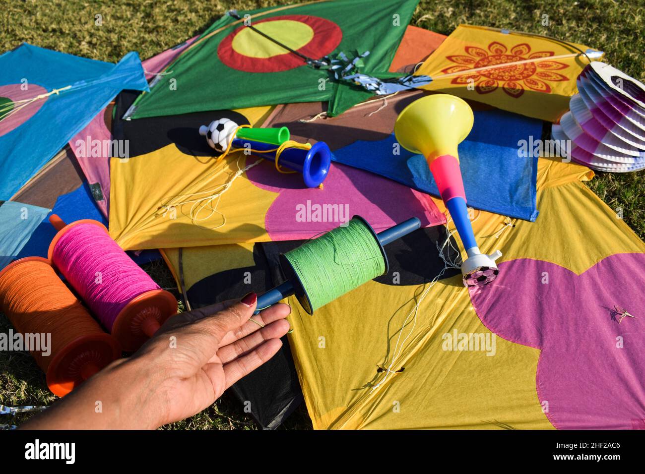 Sankranti kites patang flying outdoors. Colorful kites during kite ...