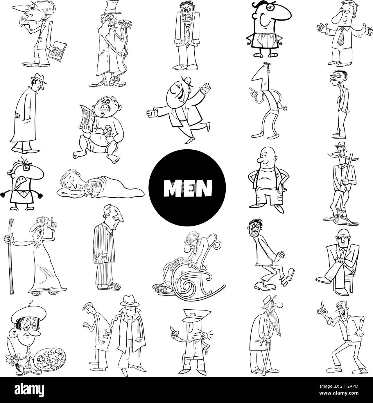 Black And White Cartoon Illustration Of Comic Men Characters Big Collection Coloring Page Stock