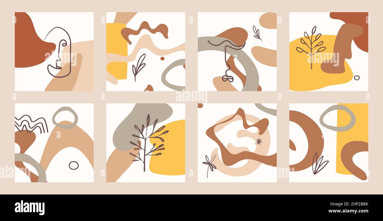 A set of backgrounds with abstract shapes and faces, branches and ...