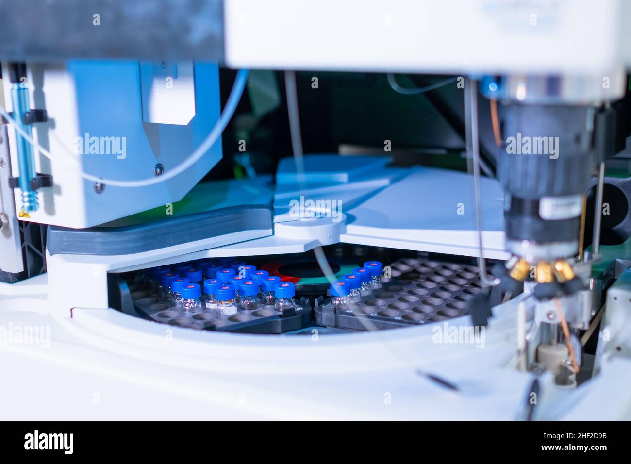 Auto sample with glass vials and blue caps for HPLC analysis of the ...