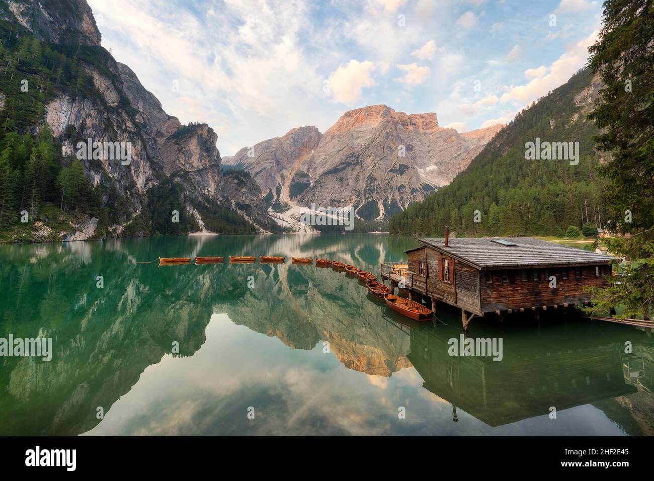 Pragser Wildsee - Lago di Braies in the Dolomites during Sunrise, post ...