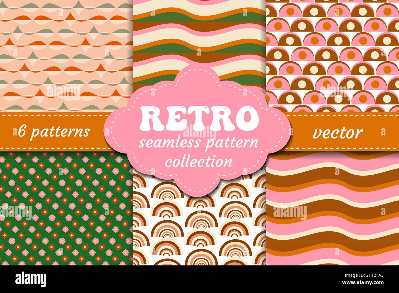 Retro 70s seamless colorful geometric pattern set. Endless texture ...