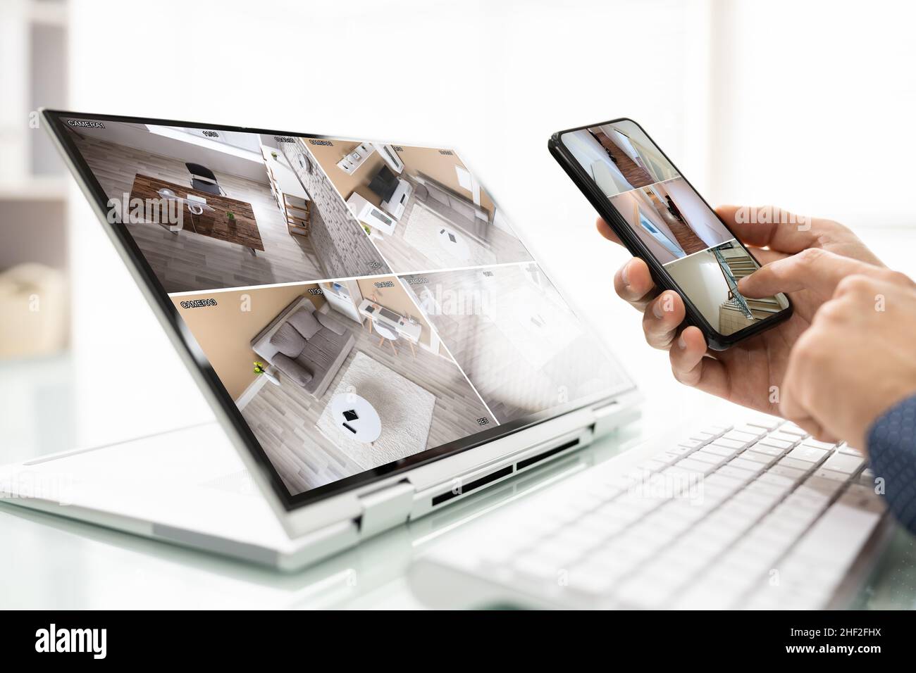 Security System CCTV Camera And Alarm Surveillance On Screen Stock ...