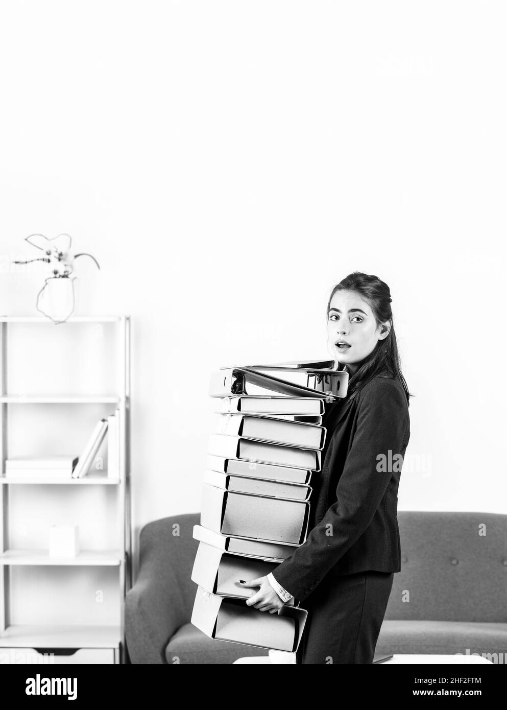 Sad busy secretary, stressed overworked business woman too much work ...