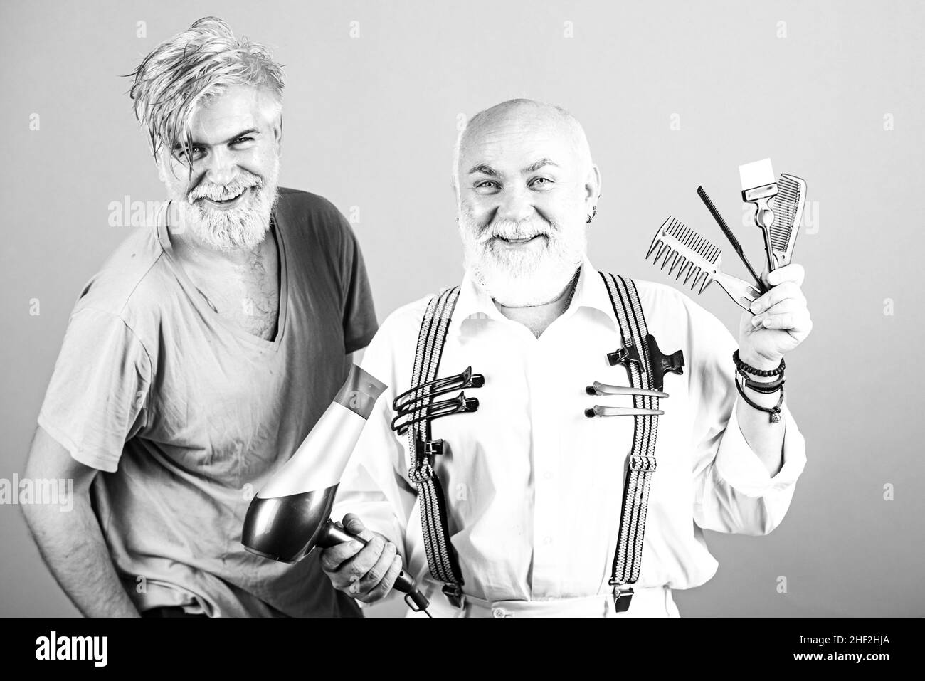 Hair equipment. Barber with scissors and razor, barbershop. Beard man ...