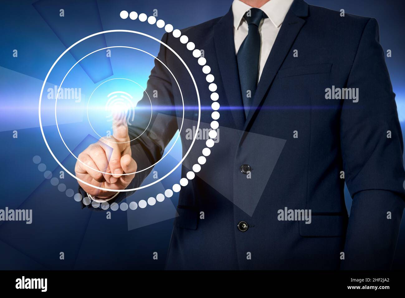 Man in jacket performing fingerprint scanning. Concept of secure access ...
