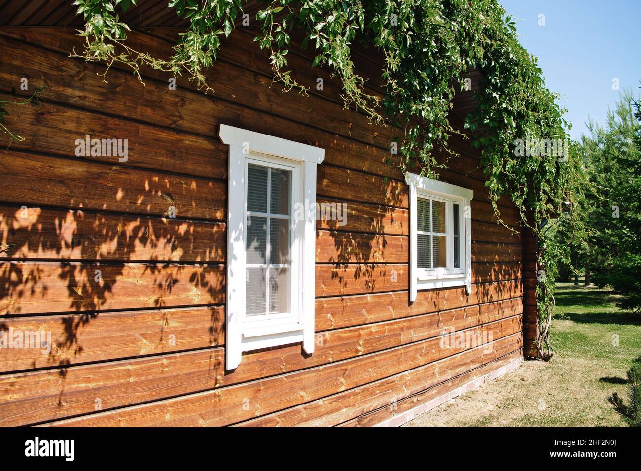 Simple wood log cottage at sunny summer day. The wall of guest house ...