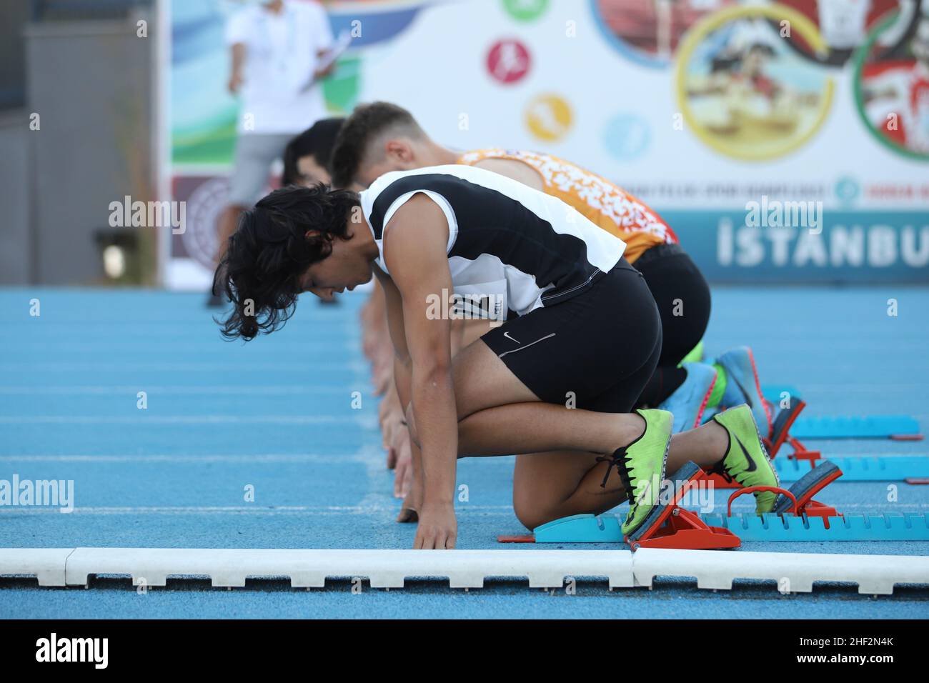 ISTANBUL, TURKEY - AUGUST 07, 2021: Athletes running 100 metres during ...