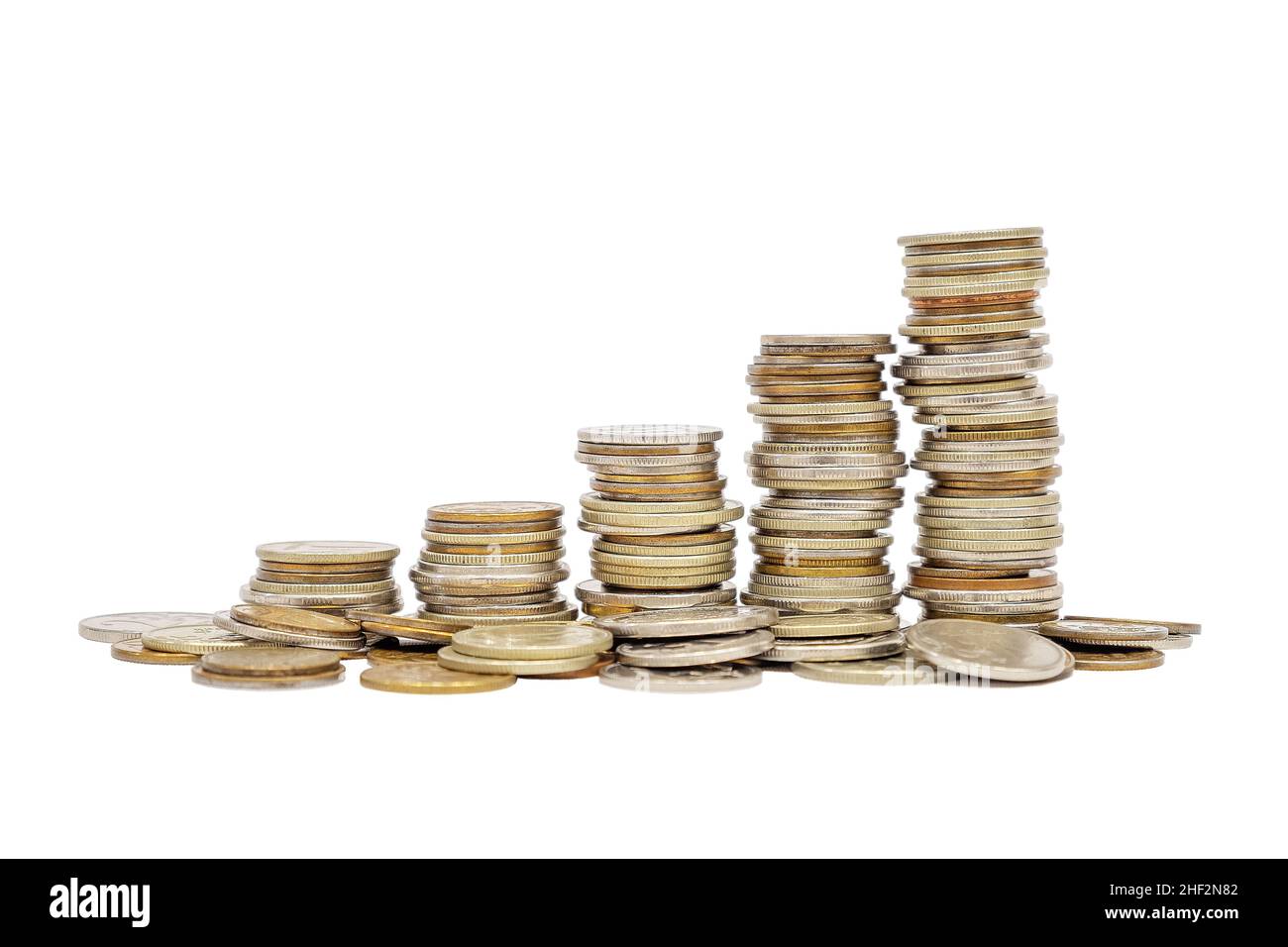 Five stacks and pile of scattered different coins coins isolate on ...