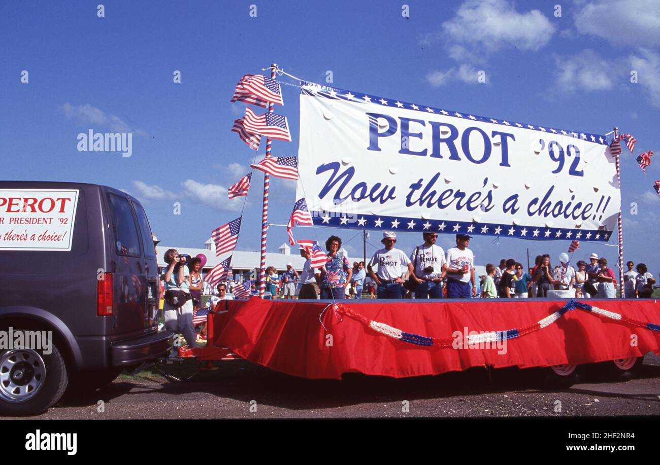 Plano, Texas USA July 4, 1992: Supporters riding on float in Ross Perot ...