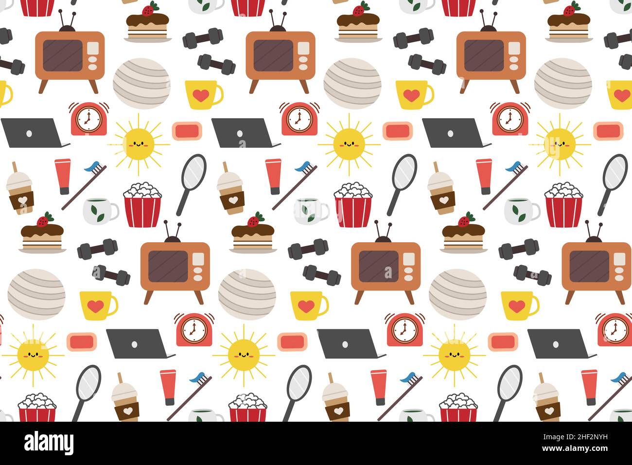 Seamless repeating pattern with cozy household items. Morning and ...