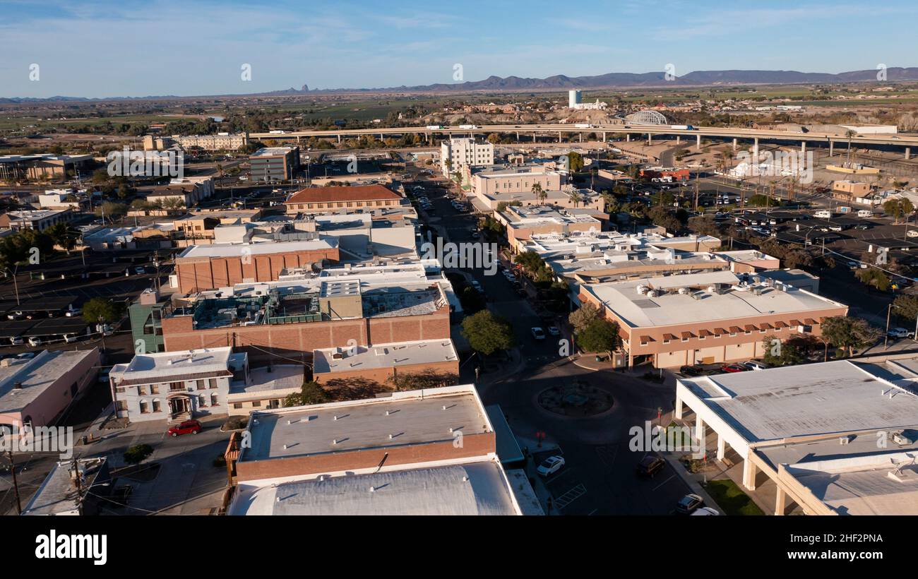 Sunset aerial view of the downtown cityscape of Yuma, Arizona, USA ...