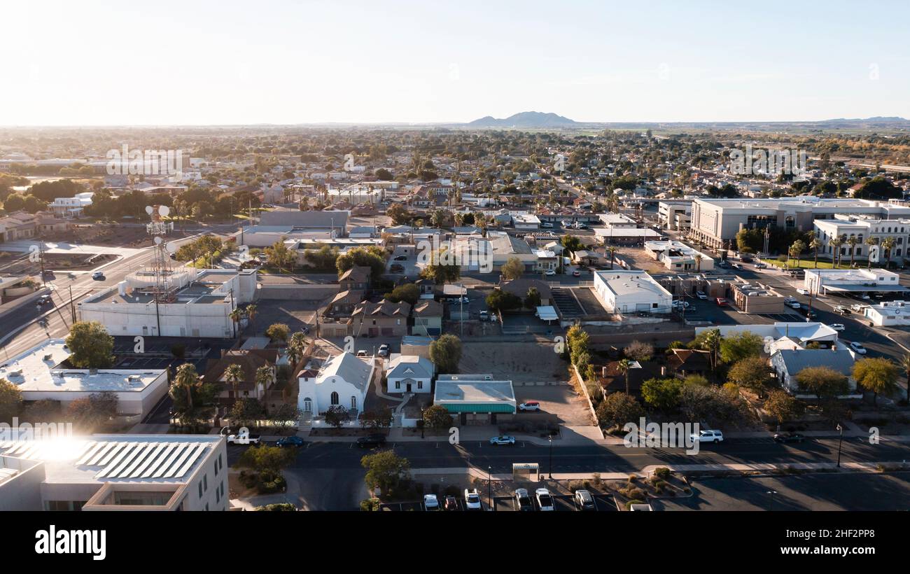 Sunset aerial view of the downtown cityscape of Yuma, Arizona, USA ...