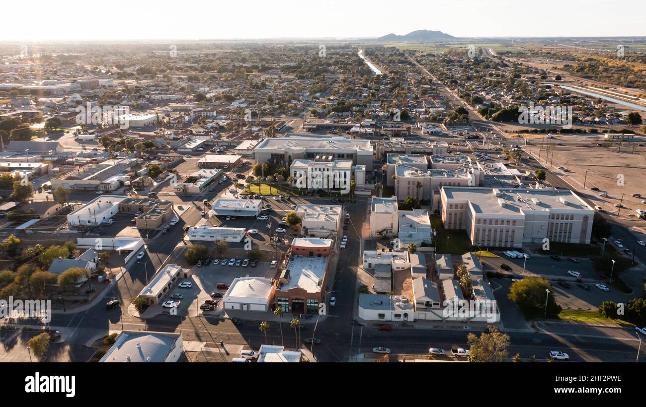 Sunset aerial view of the downtown cityscape of Yuma, Arizona, USA ...