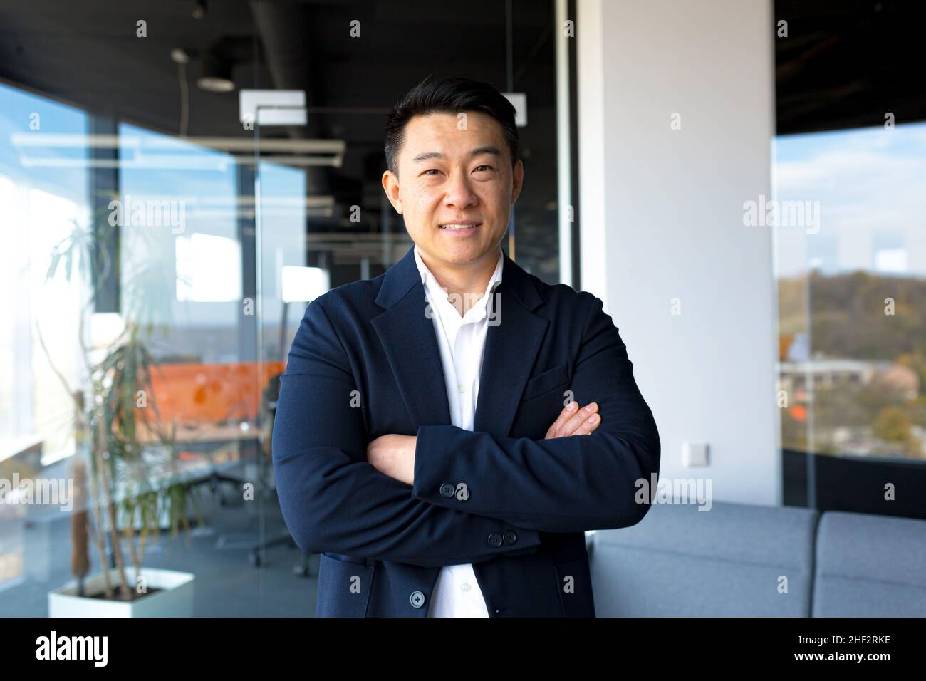 Portrait of successful business owner male boss asian cheerful happy ...