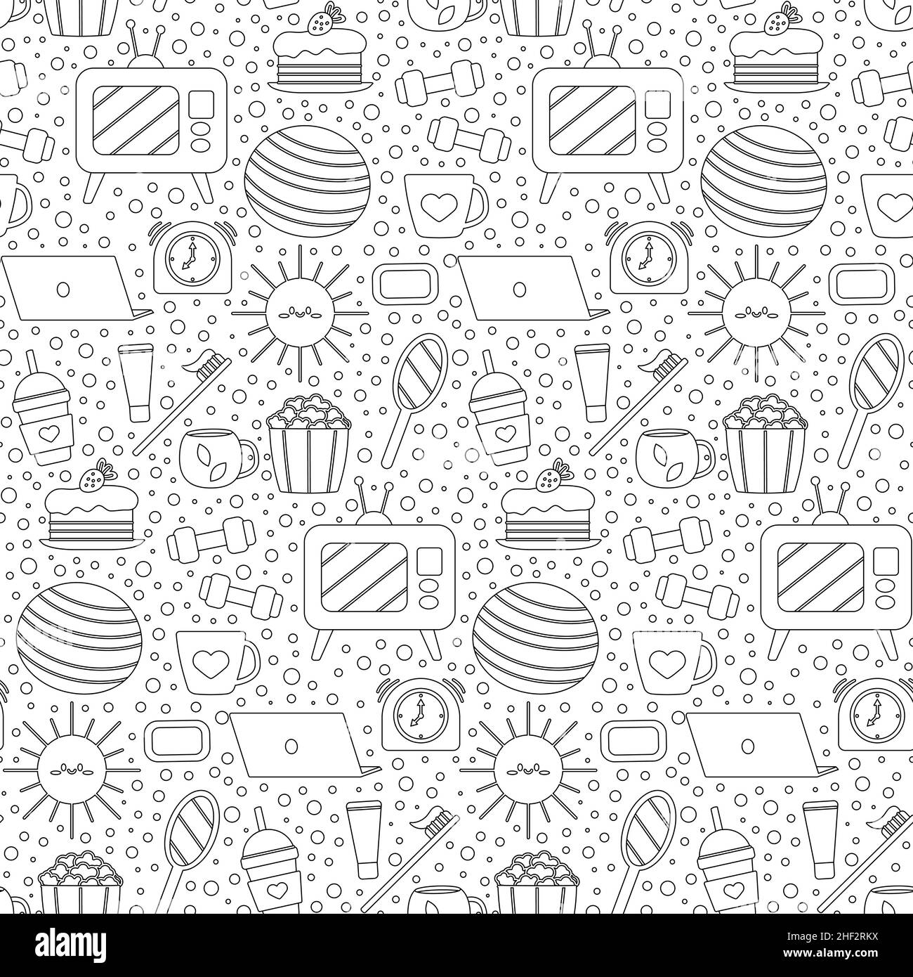 Seamless repeating pattern with cozy household items. Morning and ...