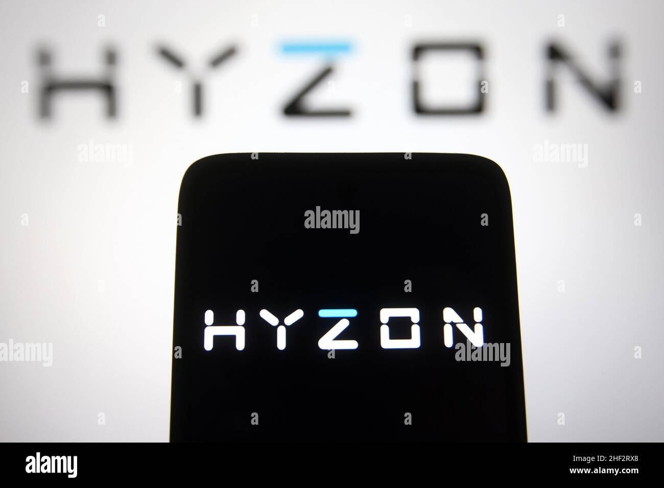 In this photo illustration, a Hyzon Motors logo is seen on a smartphone ...