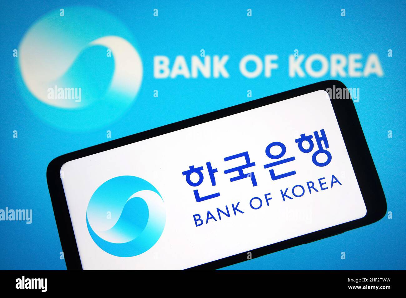 In this photo illustration, a Bank of Korea (BOK) logo is seen on a ...