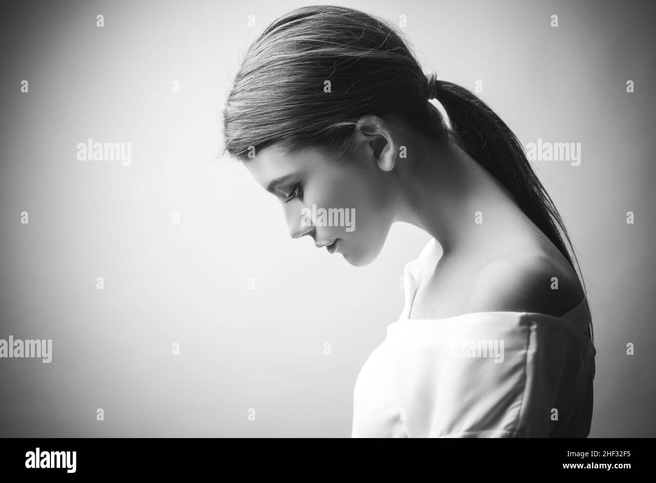 Sadness. Sad woman look down. Depression and life problems Stock Photo ...