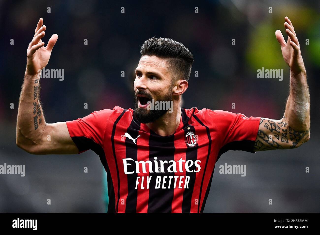 Milan, Italy. 13 January 2022. Olivier Giroud of AC Milan celebrates ...