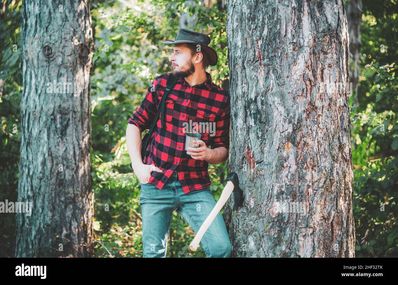 Resting after hard work. Agriculture and forestry theme. Logging ...