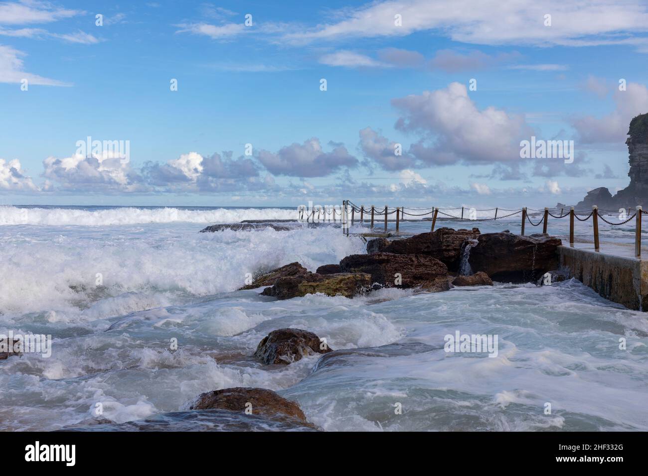 Large waves rolling in onto Avalon Beach Sydney and overpowering the ...