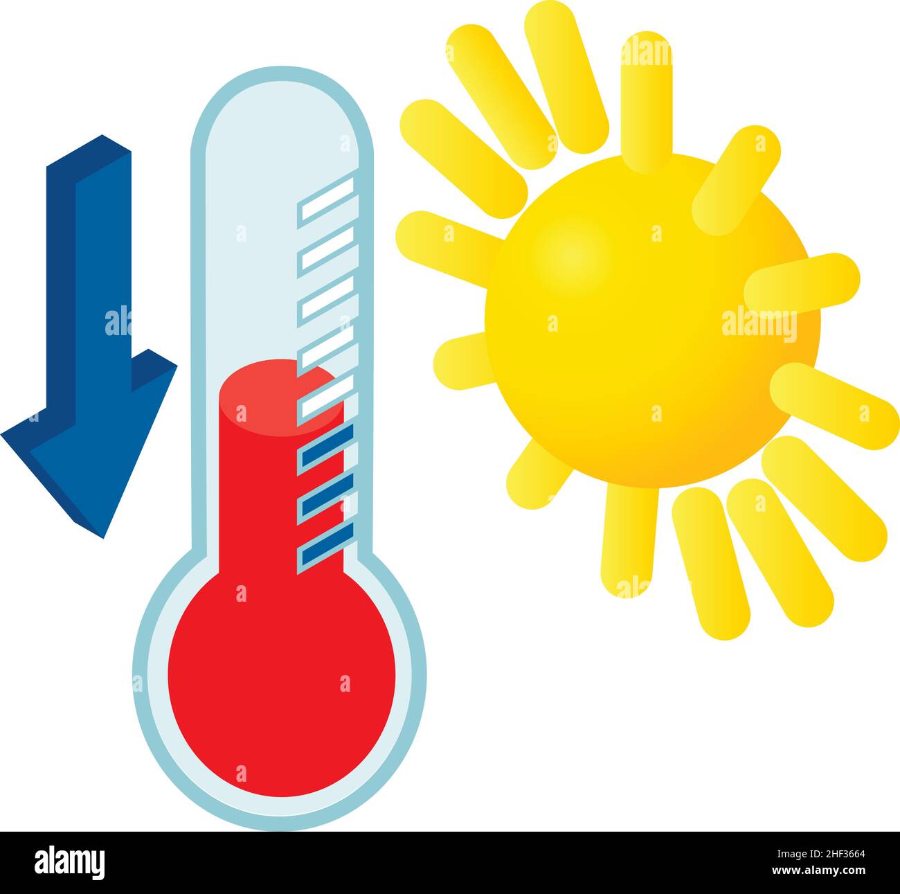 Temperature drop icon isometric vector. Thermometer with down arrow, shining sun. Weather ...