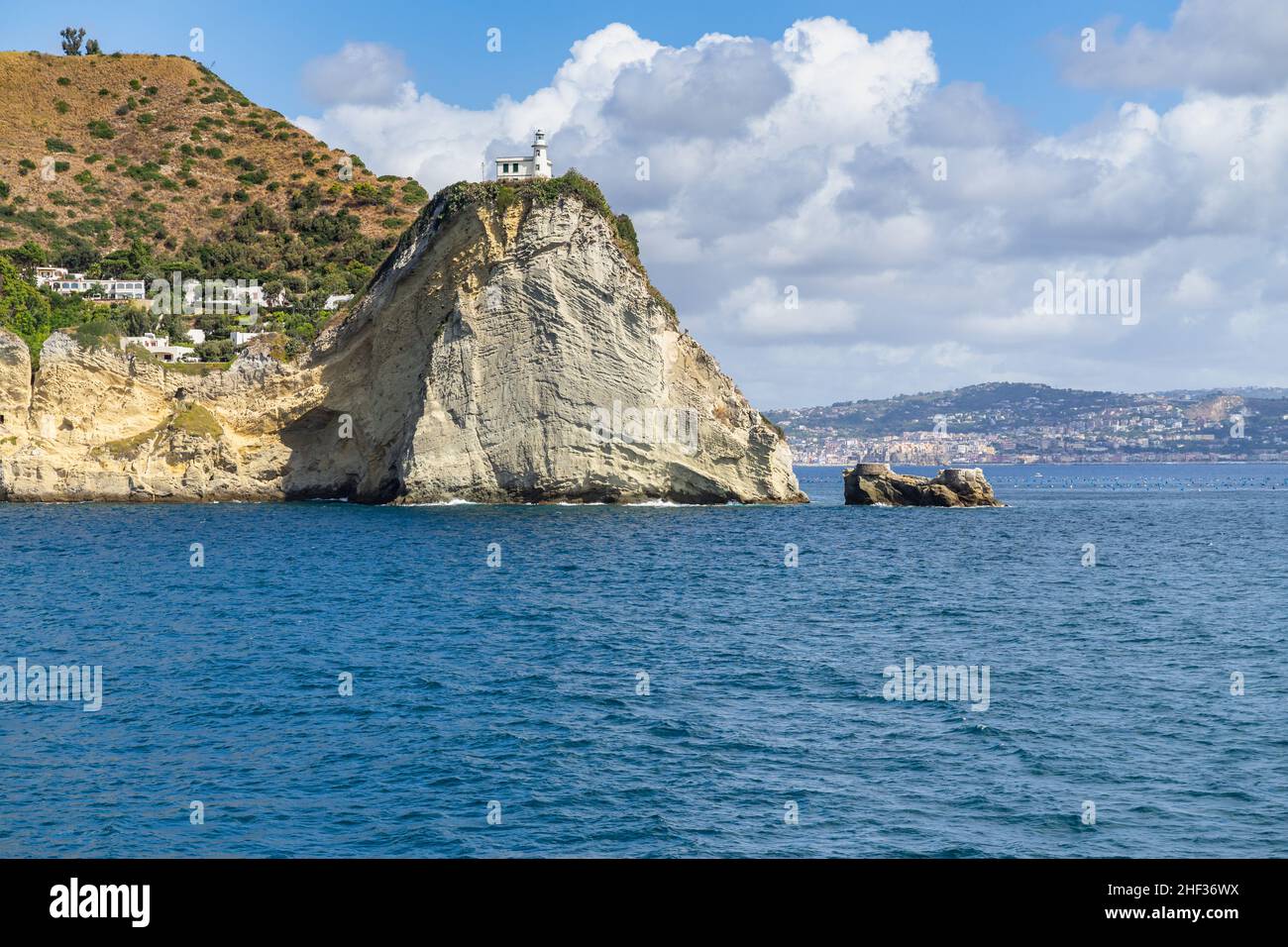Scenic view of Capo Miseno and its lighthouse that marks the ...