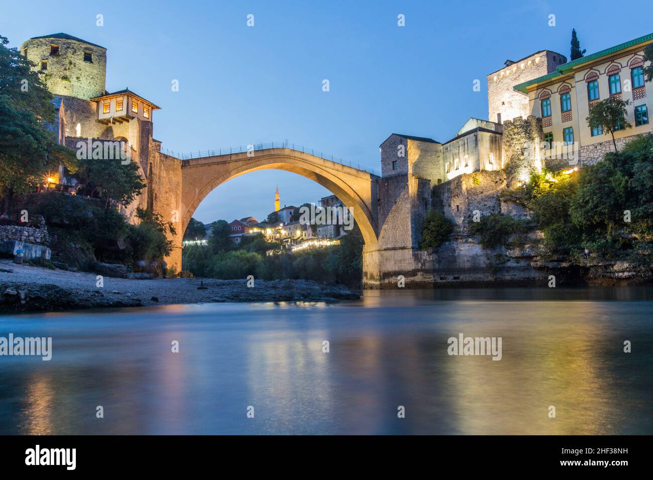 Evening view of Stari most (Old Bridge) and old stone buildings in ...