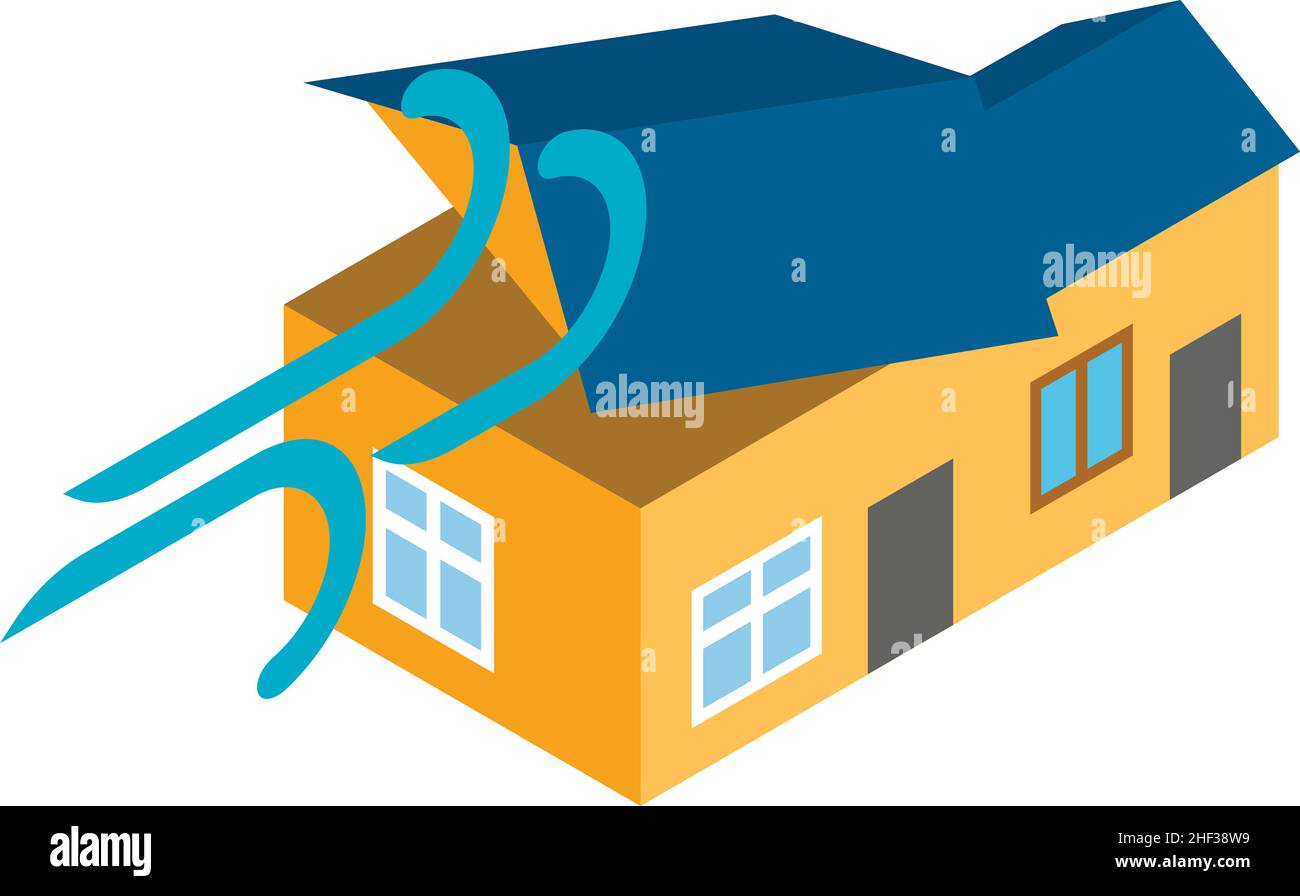 Strong wind icon isometric vector. High wind blows roof of residential ...