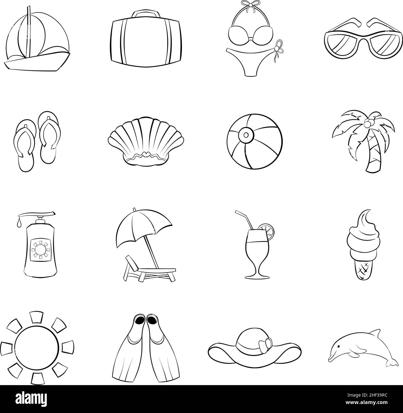 Summer icons set in outline style isolated on white background Stock ...