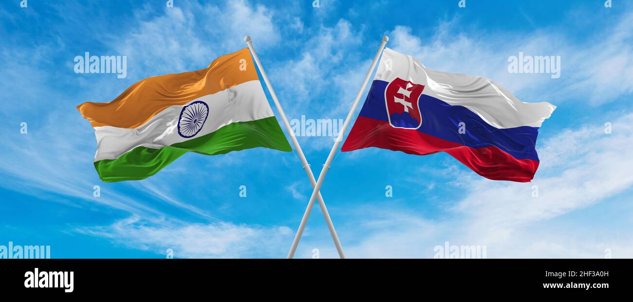crossed national flags of India and Slovakia flag waving in the wind at ...