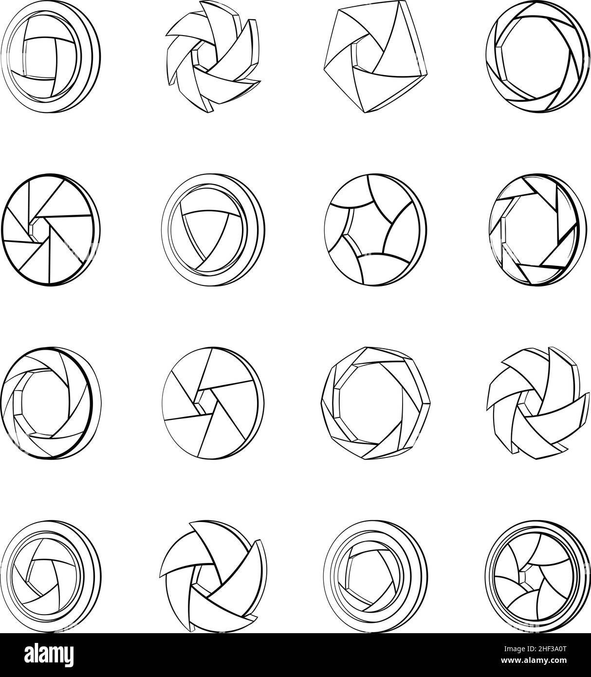 Camera aperture icons set in outline style isolated on white background ...
