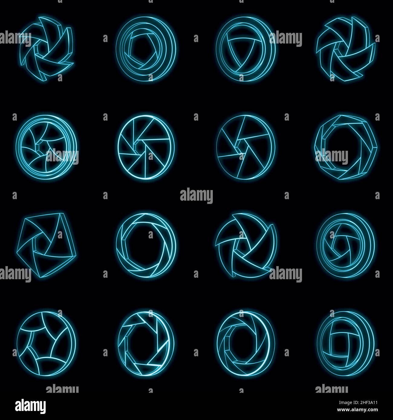 Camera aperture set icons in neon style isolated on a black background ...