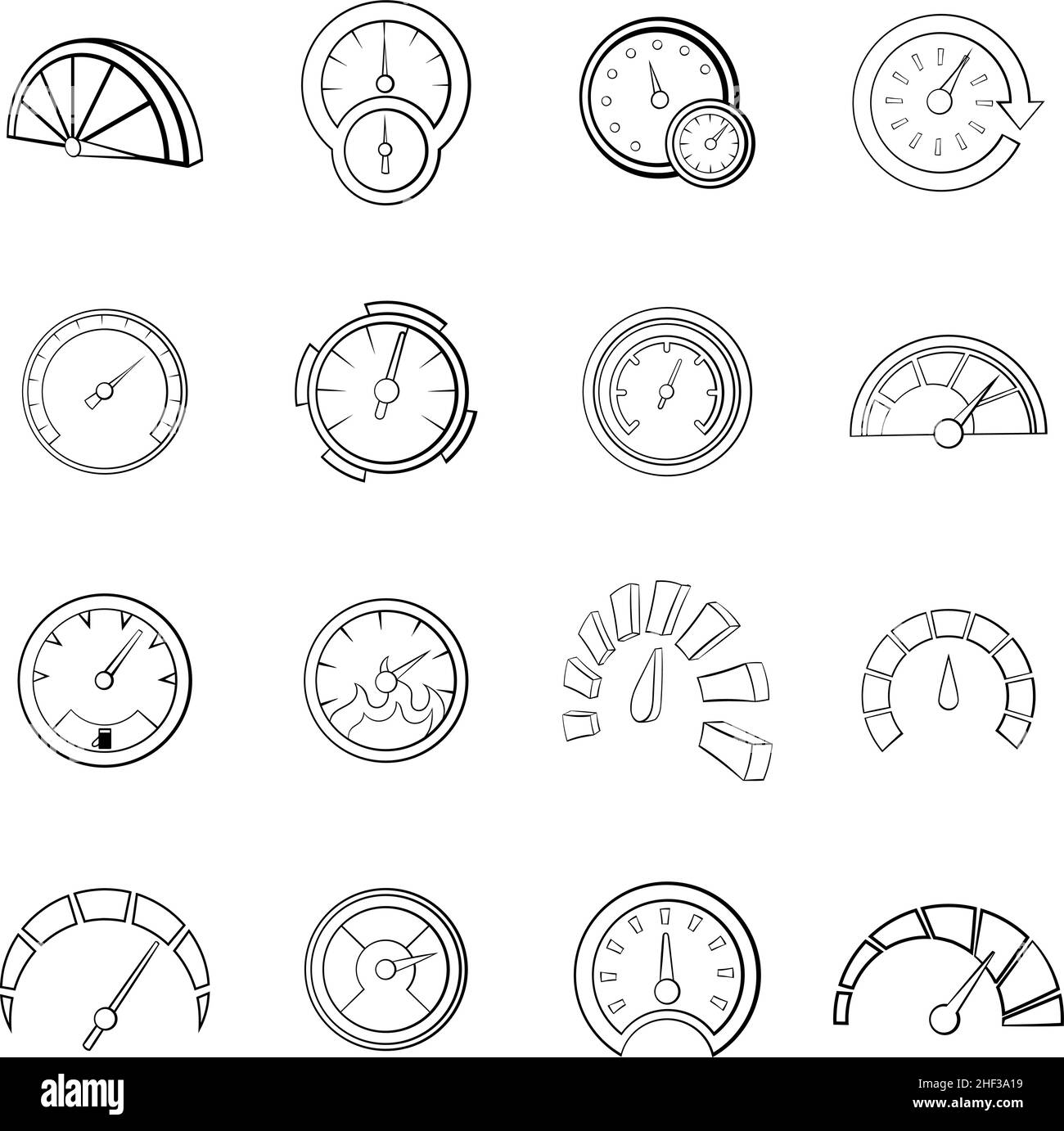 Speedometer icons set in outline style isolated on white background ...