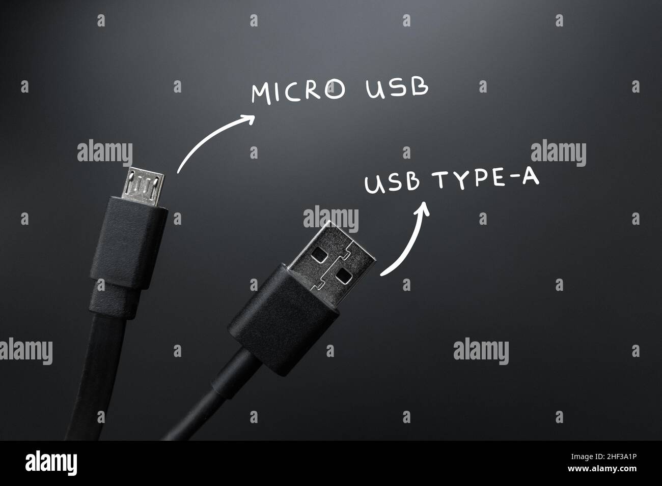 Connecting cables usb type a and micro wires. old technological ...