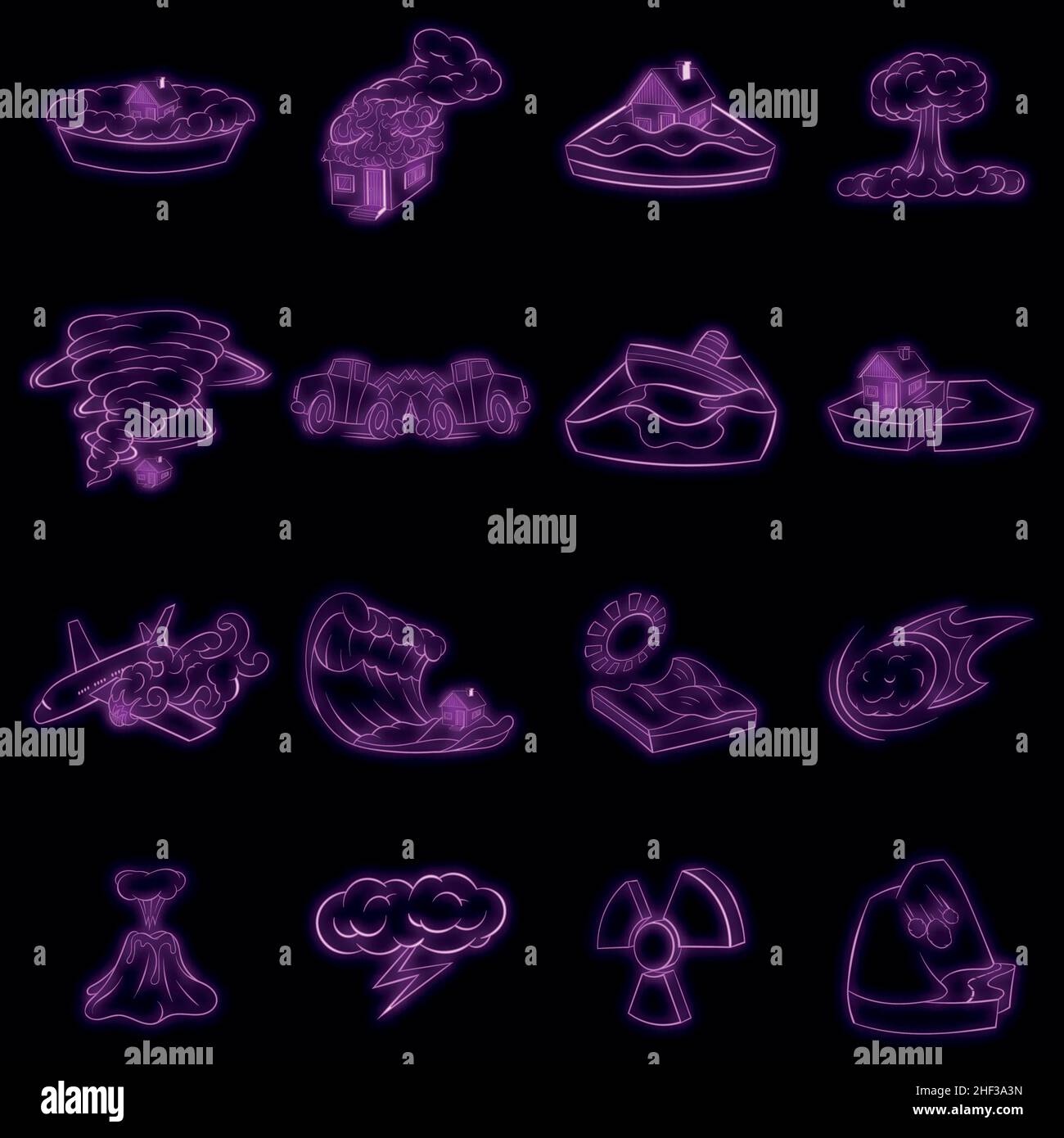Natural disaster set icons in neon style isolated on a black background ...