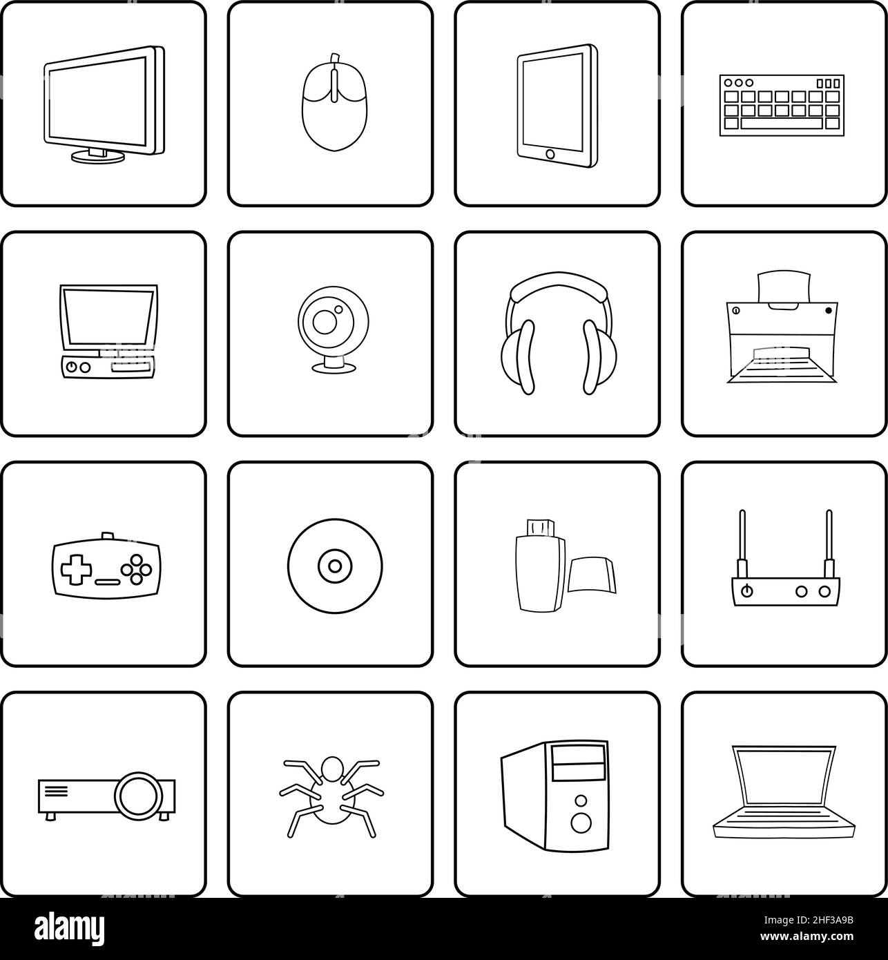 Computer icons set in outline style isolated on white background Stock ...
