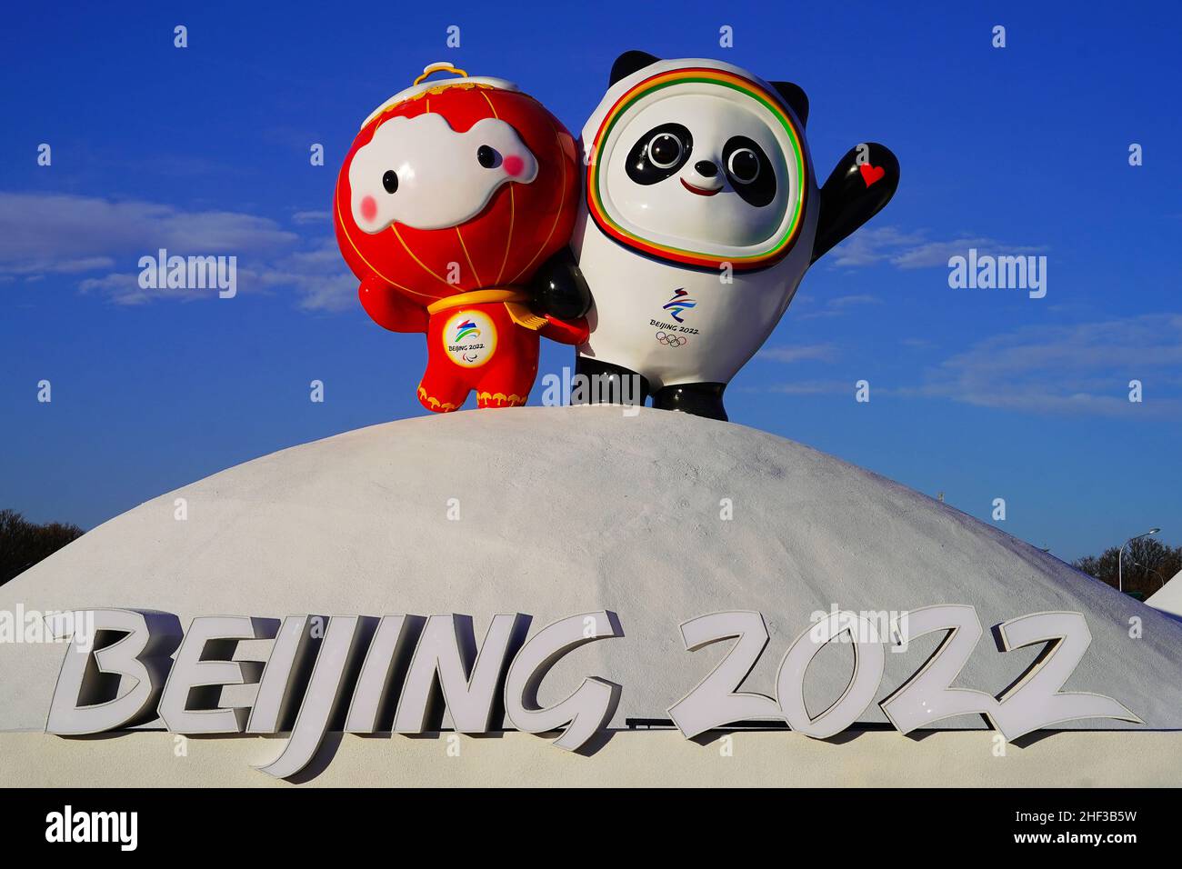 Beijing, China. 12th Jan, 2022. Shuey Rhon Rhon and Bing Dwen Dwen, the mascots of the 2022 ...
