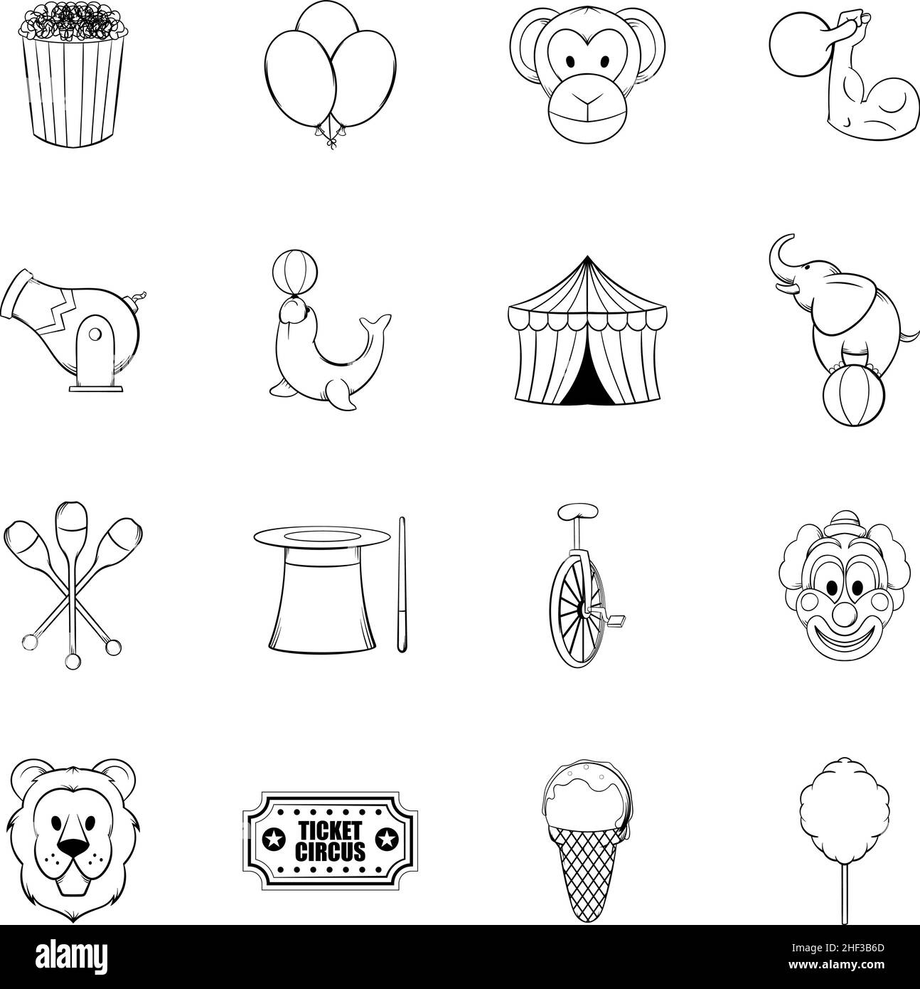 Circus Icons set in outline style isolated on white background Stock ...