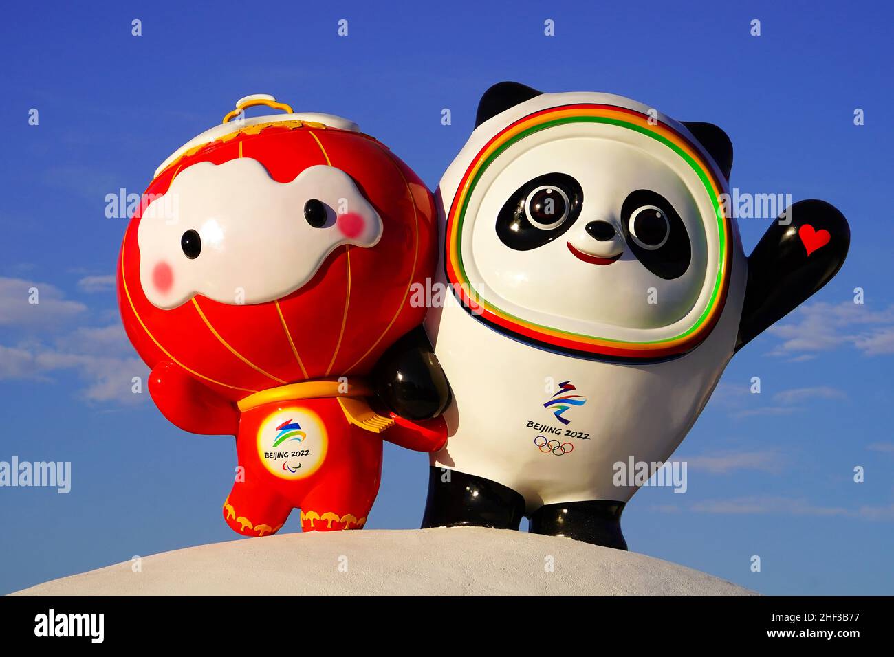 Beijing, China. 12th Jan, 2022. Shuey Rhon Rhon and Bing Dwen Dwen, the mascots of the 2022 ...