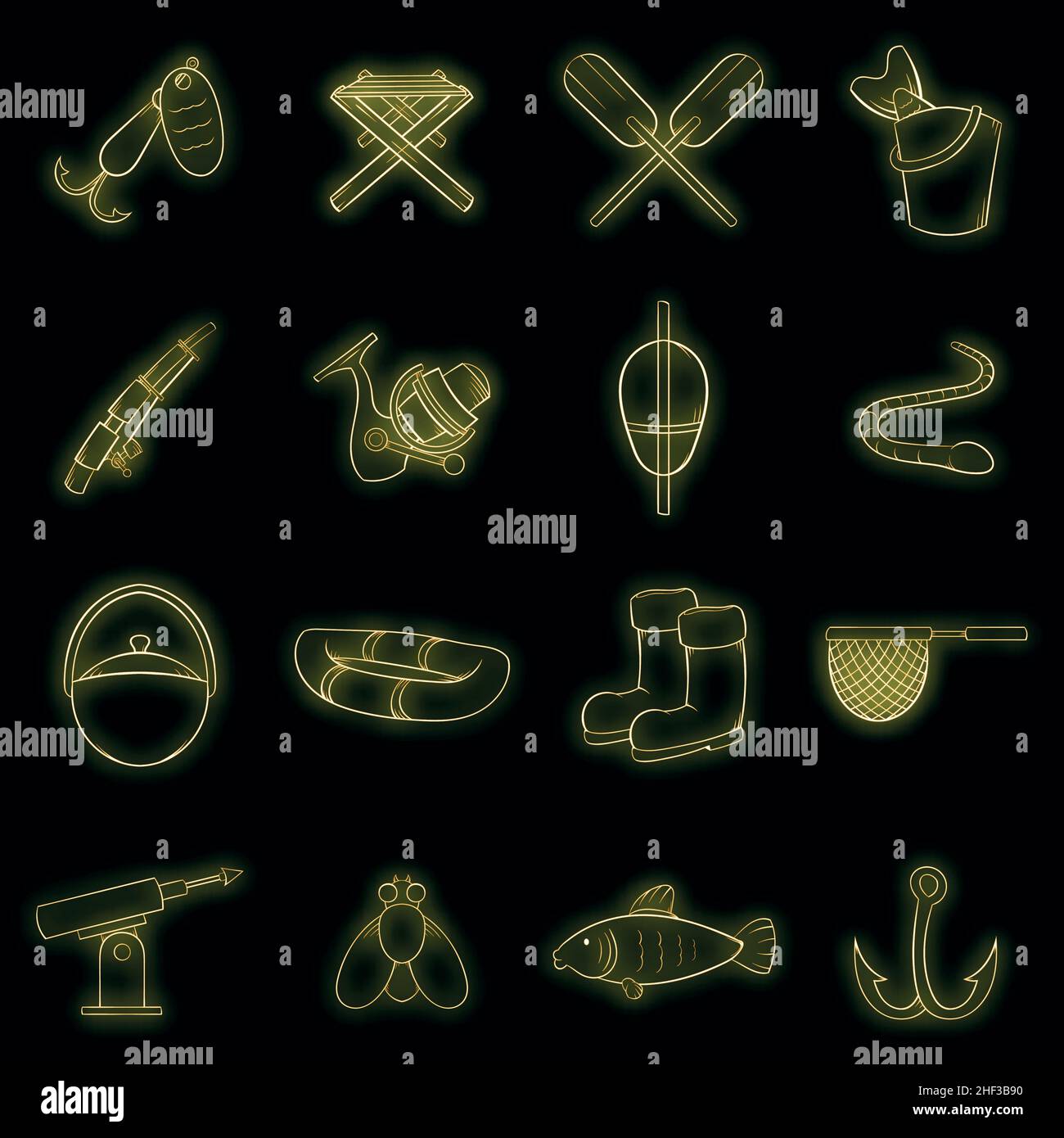 Fishing set icons in neon style isolated on a black background Stock ...